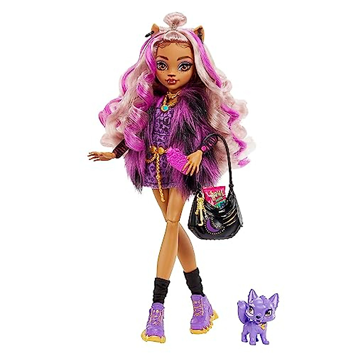 Monster High Doll, Clawdeen Wolf with Purple Streaked Hair in Signature Look with Fashion Accessories & Pet Dog Crescent