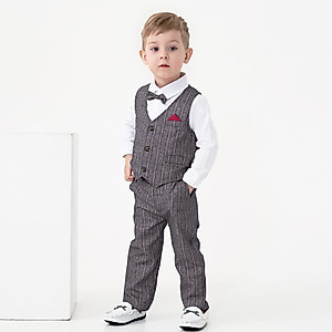 Volunboy Baby Boy Suit Toddler Formal Outfit Kids 3 Piece Vest Gentleman Clothes Long Sleeve Shirt and Pants Set (GreyPurple, 18-24 Months)