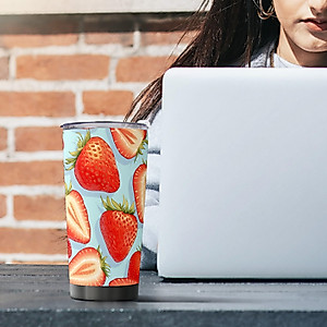 QWEUIOP 20oz Insulated Travel Coffee Mug Fruits Strawberry Stainless Steel Tumbler with Lid Double Wall Vacuum Coffee Cup For Hot and Cold Drinks14577