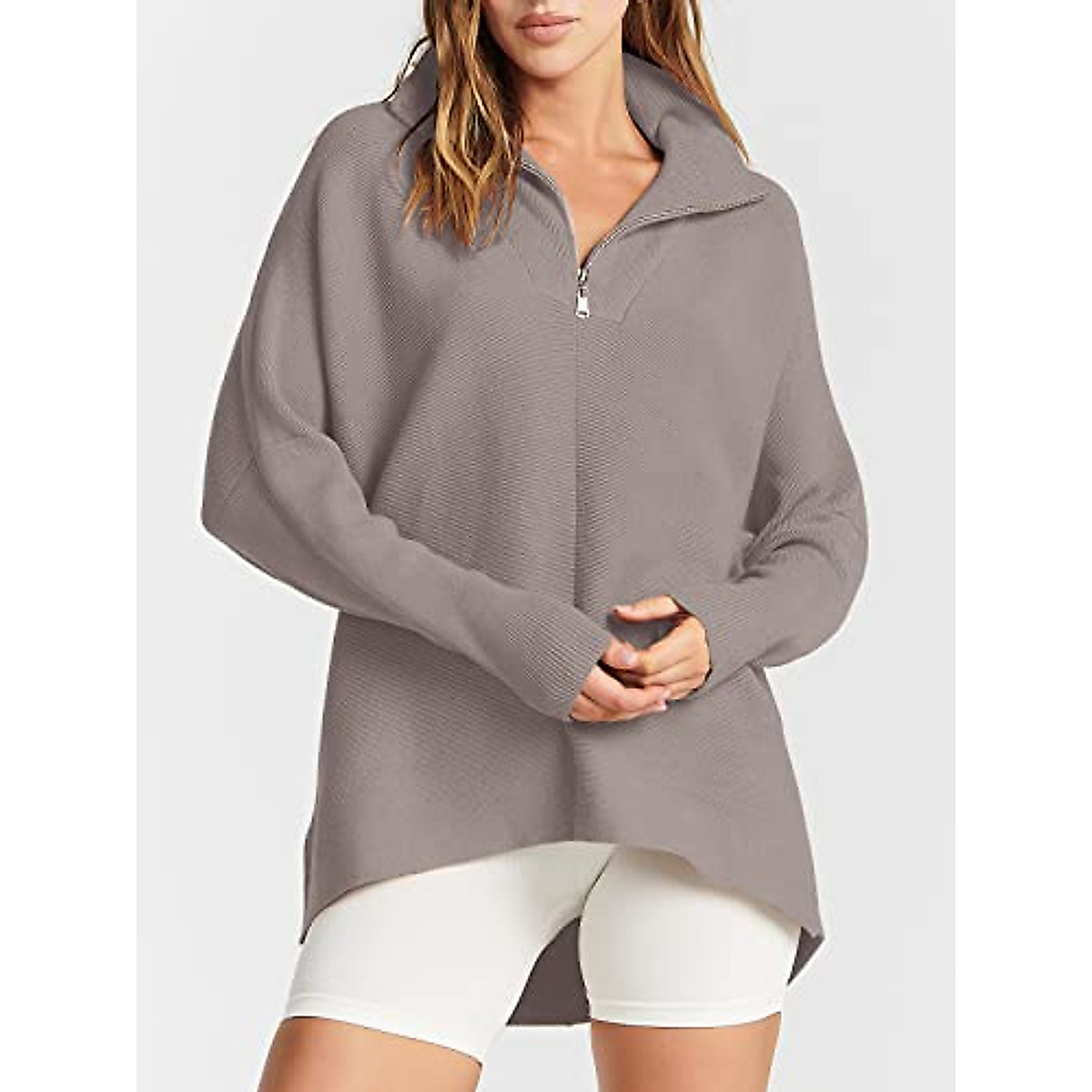 ANRABESS Women's Oversized Half Zip Sweaters 2023 Fall Quarter Zip V Neck Collared Long Batwing Sleeve Casual Loose Baggy Slouchy High Low Hem Knit Wram Tunic Sweater Winter Trendy 758hongxing-M