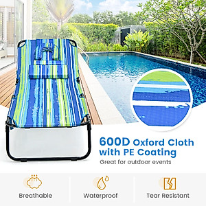 Tangkula Beach Lounge Chair, Folding Sunbathing Recliner with Face Hole, Face Down Tanning Chair with 5-Level Adjustable Backrest & 3 Removable Pillows, Chaise Lounge Chair for Patio (1, Stripe)