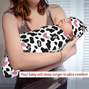 Cow Print Pink Heart Baby Stuff Newborn Swaddle and Hat Set Stretchy Soft Funny Baby Receiving Blanket Gifts for Infant Baby Boy Girl