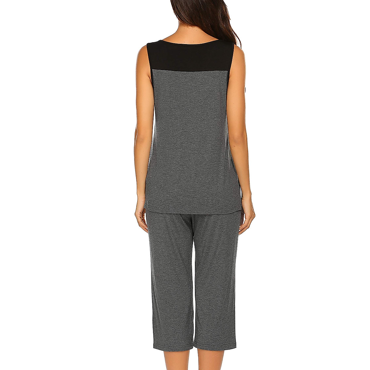 Ekouaer Capri Pajama Sets for Women 2 Piece Soft Cute Pjs Round Neck Sleeveless Lounge Set for Summer Sleepwear Dark Grey M