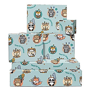 CENTRAL 23 Baby Boy Wrapping Paper - 1st Birthday - Age One - 6 Sheets Blue Gift Wrap - Comes With Fun Stickers