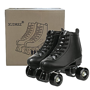 XUDREZ Classic Roller Skates High-Top Double-Row Leather Roller Skates for Women and Men (Black Black Wheel,7.5)