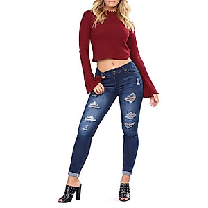 Women's High Waisted Stretch Ripped Skinny Jeans Juniors Destroyed Butt Lifting Denim Pants (Blue, US 10)