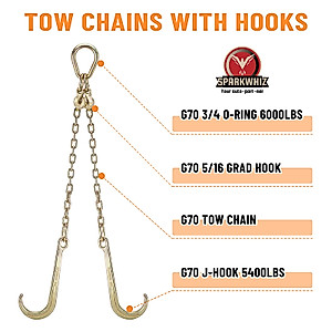 SPARKWHIZ G70 J Hook Tow Chain V Bridle with 15" J Hooks, 5/16'' Grab Hooks, 2ft Legs, Flatbed Truck Safety Chains 5,400 lbs