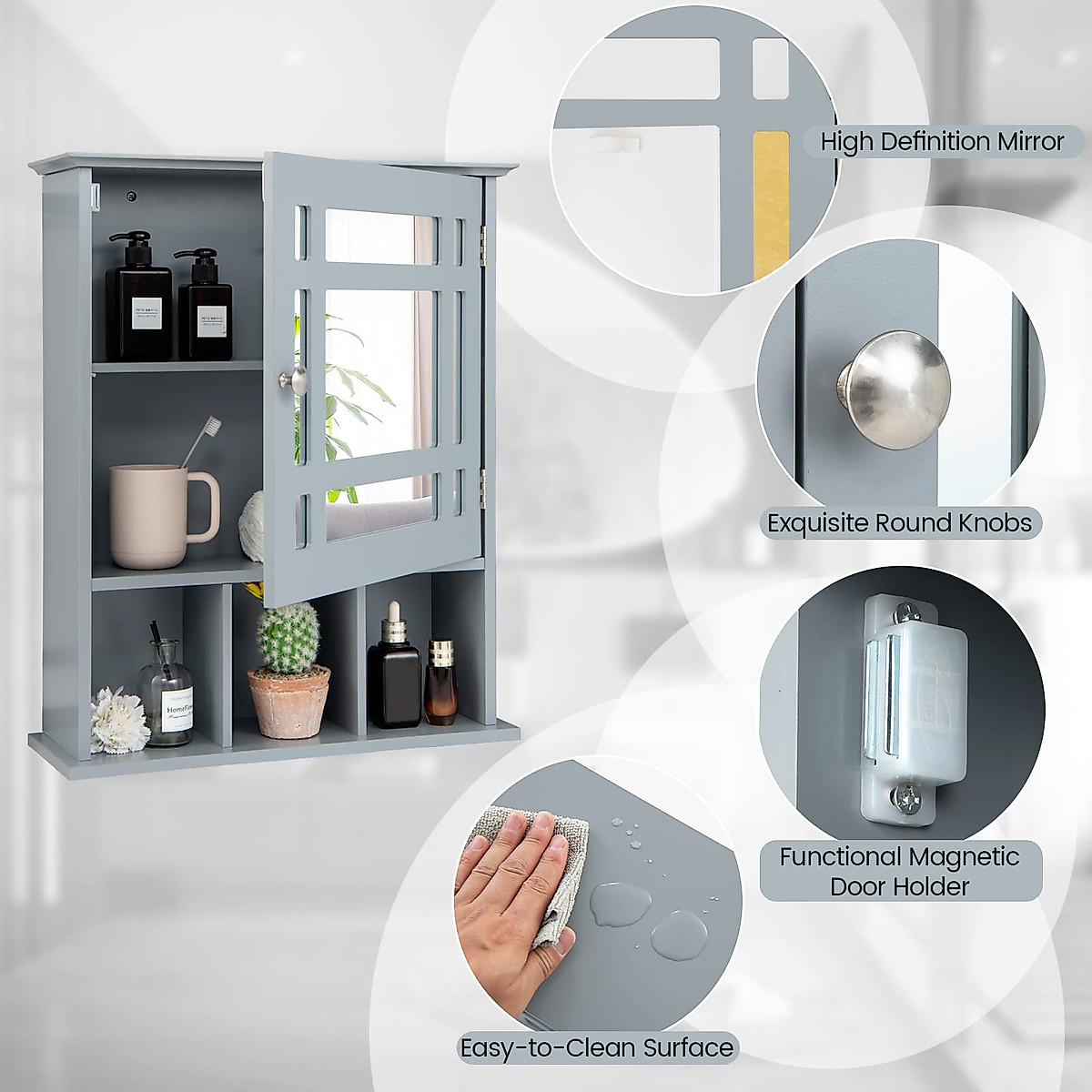 LOKO Bathroom Medicine Cabinet with Mirror, Small Bathroom Cabinet Wall Mounted with Single Mirrored Door & Adjustable Shelf, Bathroom Wall Cabinet, 19 x 6.5 x 23.5 inches (Grey)