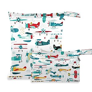 AUUXVA Wet Dry Bags Set Cartoon Airplane Helicopter,Cloth Diaper Wet Bag Waterproof Reusable with Two Zippered Pockets for Travel Beach Pool Swimsuits Wet Clothes,2pcs