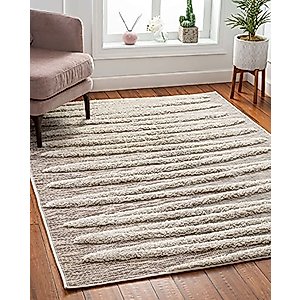 Well Woven Bergen Beige Flat-Weave Hi-Low Pile Geometric Stripes Moroccan Tribal Area Rug 8x10 (7'10" x 9'10")