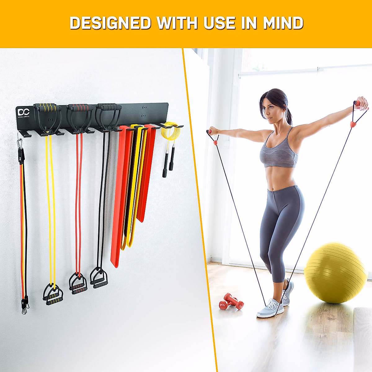 Double Circle Gym Storage Rack with 12 Hooks, Multi Purpose Gym Equipment Wall Rack Hanger for Pro Home Gym Storage for Exercise Bands, Barbell Bars, Jumprope (Hardware Included)