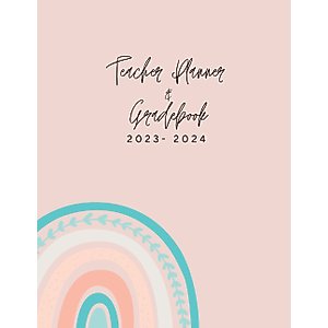 Teacher Planner for 2023-2024 Academic School Year with Gradebook - Mint and Blush Rainbow