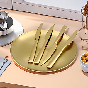 Keiwhsly Gold Serrated Steak Knife Set of 6, 9.1 Inche Stainless Steel Dinner Table Knives Dinnerware Set for Cutting Meat, Beef, Dishwasher Safe