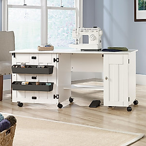 Sauder Folding SewingTable & Craft Cart Storage Cabinet, in Soft White