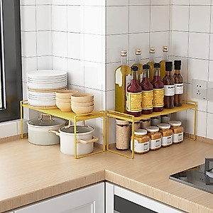 PASRLD Expandable Cabinet Shelf Organizers, Kitchen Cabinet Organizer Shelves Spice Rack Cupboard Organizers Storage, 14.1 to 23.6 Inch Metal Plate Shelves (Gold, 9Inches)