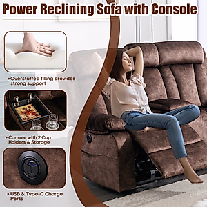 GUEAPY Fabric Reclining Loveseat, Power Reclining Loveseat with Console, Double Recliner Loveseat with Heat and Massage, Cup Holders, USB & Type-C Charge Ports for Living Room (Brown)