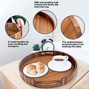 Full Solid Round Decorative Serving Tray | Farmhouse Style Acacia Wood Trays for Ottoman Coffee Table Bath Counter Organizer Tray | Kitchen Tray Platter Living Room Candle Decor | for All Occasion