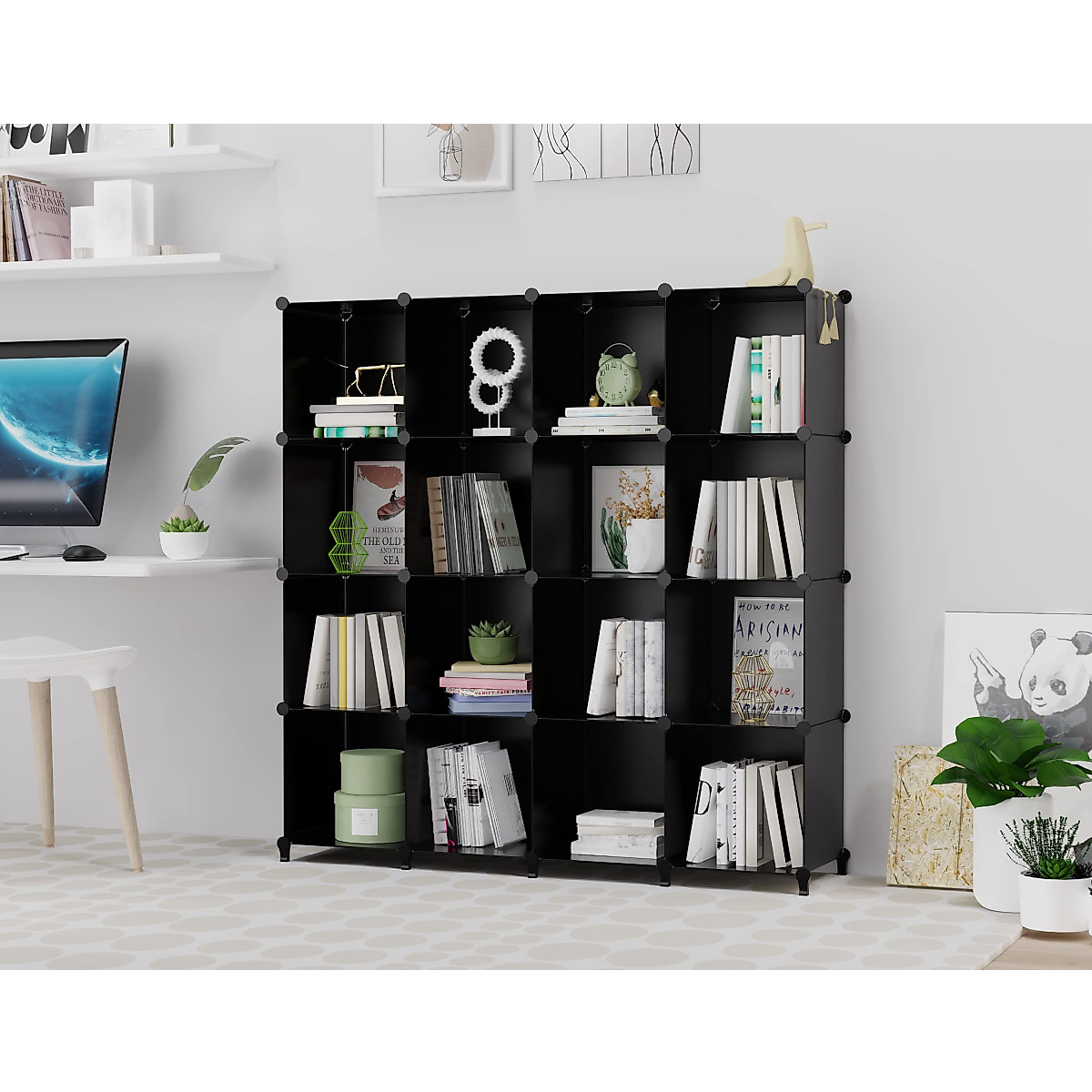 SIMPDIY Storage Modular Cubes 16 Cubes Black (124x124x30cm) Plastic Portable Organizer Bookshelf Shelf Rack