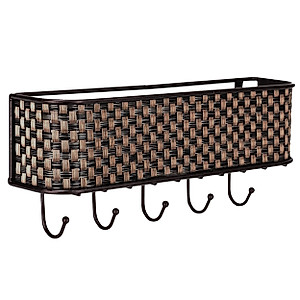 Home Basics Wall Mount Mail Letter Organizer Basket Shelf and 5 Key Hook/Holder in Brown Weave