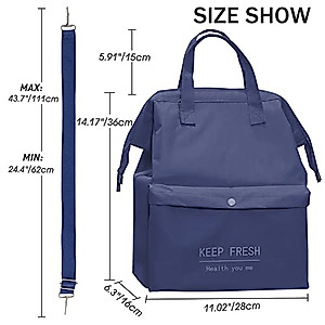 Mziart Large Insulated Lunch Bag with Adjustable Shoulder Strap, Reusable Bento Lunch Bag Wide-Open Lunch Tote Bag Handbag Lunch Box Cooler Bag for Women Men Office Work Picnic Beach(Dark Blue)