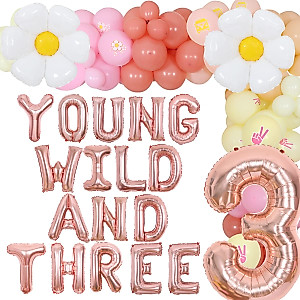 JOYMEMO Groovy 3rd Birthday Party Decorations, Young Wild and Three Daisy Flower Balloons Garland Kit, Groovy Retro Boho Girls Third Birthday Party Supplies