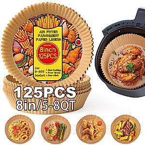Air Fryer Liners Disposable,125PCS Air Fryer Liners, 8 Inch Non-stick Oil Resistant Airfryer Liners, Unbleached Round Parchment Paper Liners for 5-8QT Air Fryer, Baking, Roasting Microwave