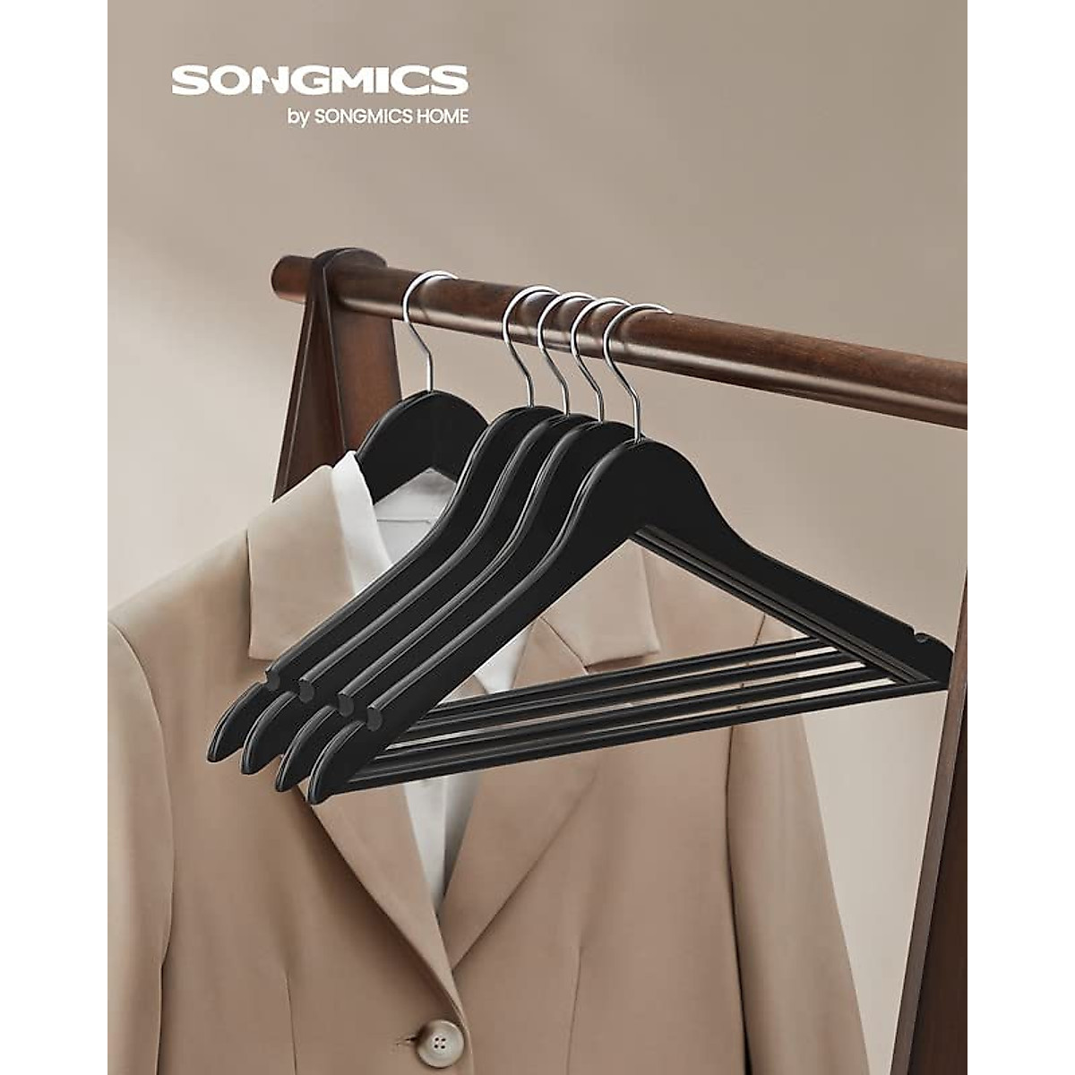 SONGMICS Wooden Hangers, 20-Pack Wood Coat Hangers with Shoulder Notches, Swivel Hook, Non-Slip for Jackets, Shirts, Suits, Black and Silver UCRW02B-20