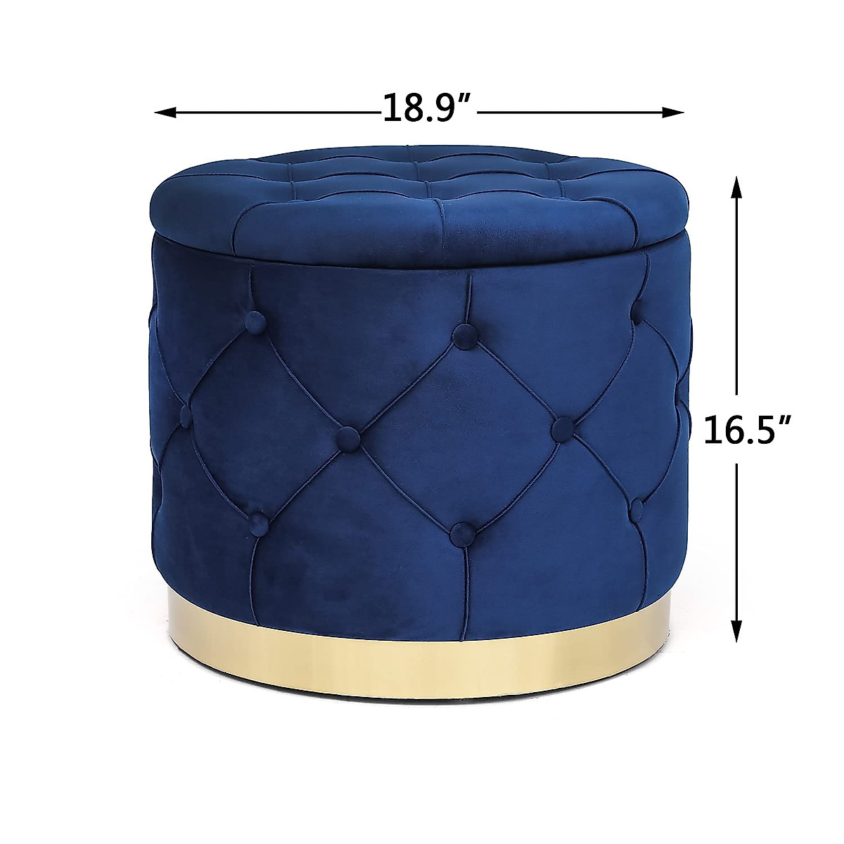 Homebeez 18.9" Round Velvet Storage Ottoman, Pre-Assembled Multi-Function Storage Vanity Stool, Button Tufted Accent Coffee Table with Golden Plate Base,Navy Blue