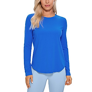 CRZ YOGA Pima Cotton Workout Long Sleeve Shirts for Women Athletic Crewneck Yoga Casual Tops Plain T-Shirt Strong Blue Large