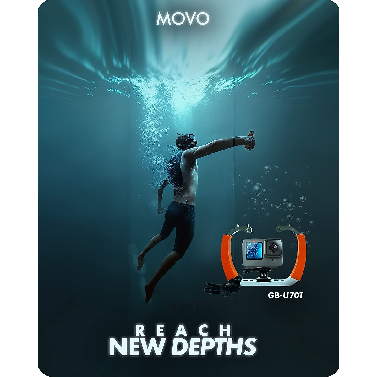 Movo GB-U70T Underwater Diving Rig for GoPro Hero with Cold Shoe Mounts, Wrist Strap - Works with HERO6, HERO7, HERO8, HERO9, HERO10, HERO11, and Osmo Action Cam - Scuba GoPro Accessory (Tangerine)