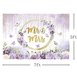 MEHOFOND 7x5ft Mr and Mrs Violet Wedding Backdrop for Bridal Shower Purple Flowers Dripping Glitter Photography Background Gold Geometric Couple Wedding Party Decor Bride to Be Engagement Banner Prop