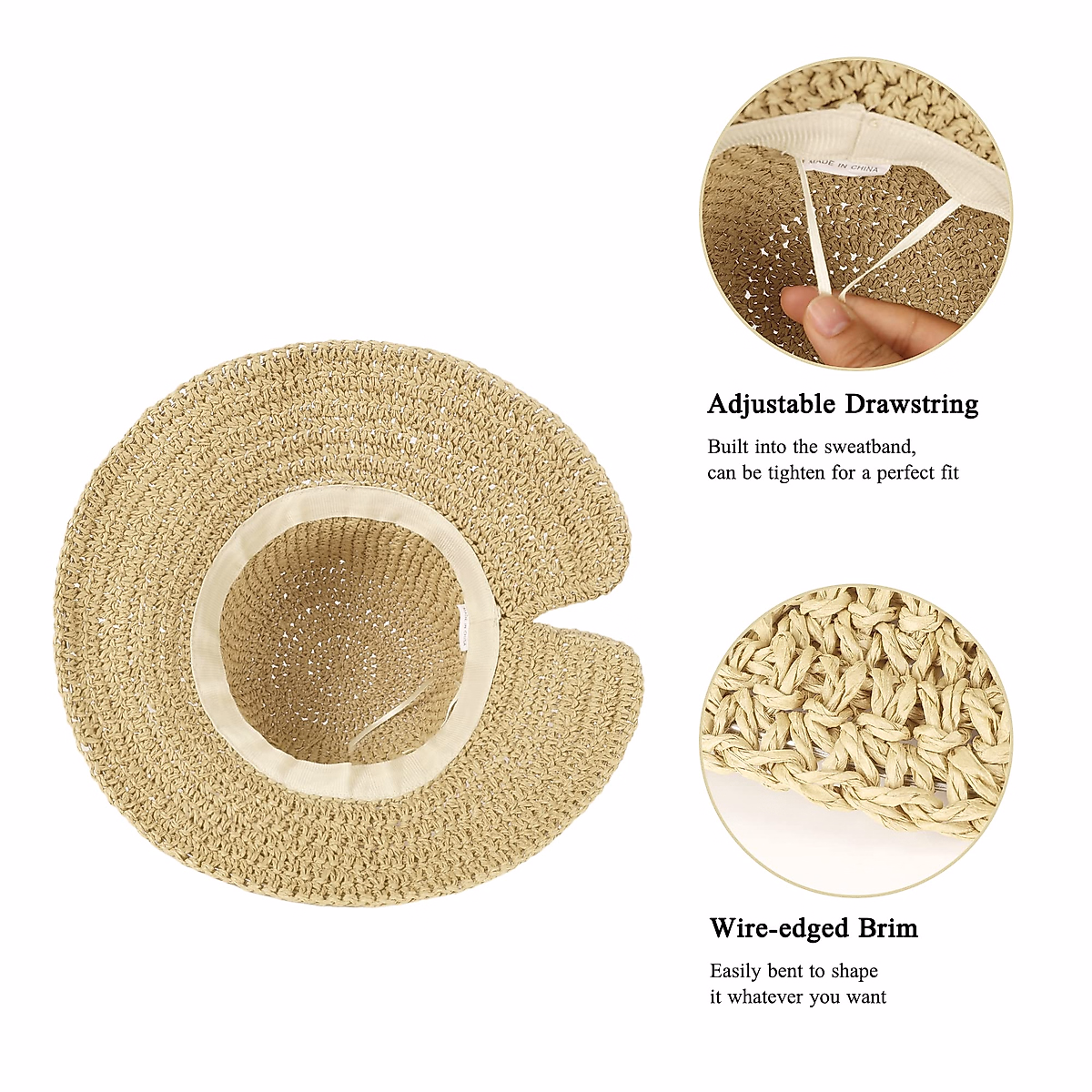 Floppy Straw Sun Hat Foldable Packable Wide Brim Summer Beach Hat Crochet Bucket Hat with Bow for Women (B Beige)