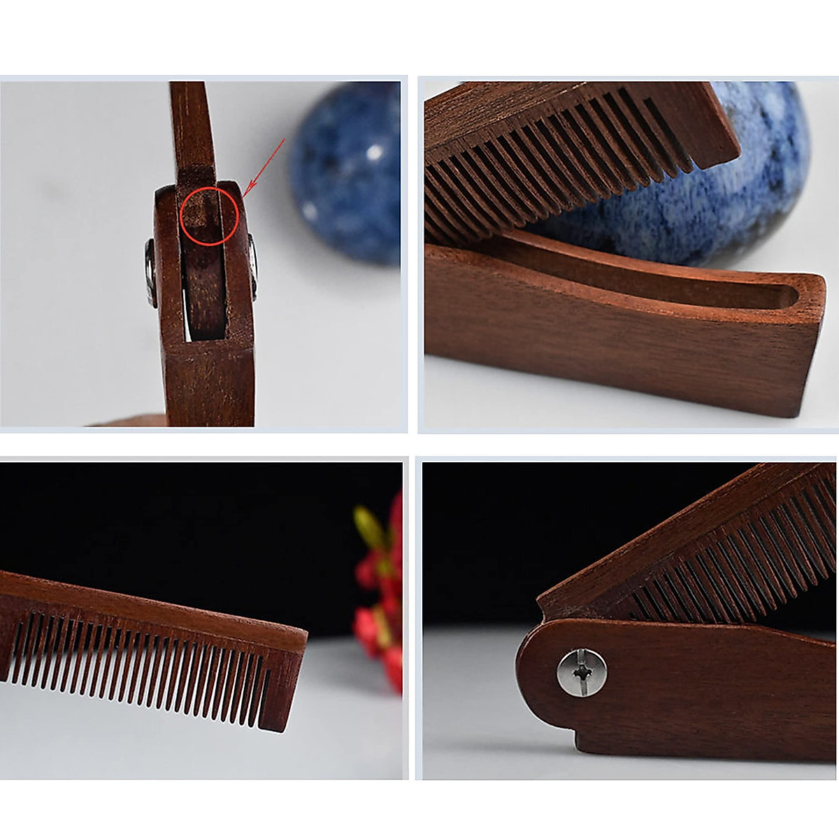 Folding Beard Red Sandalwood Comb-Fine Tooth Folding Comb for Men Hair,Beard,Mustache Styling, Pocket sized Beard Comb w/Gift Box for Daily Grooming