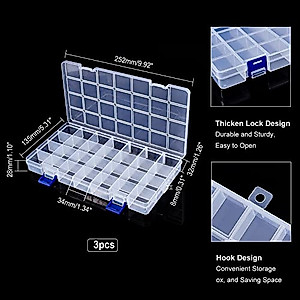 PH PandaHall 3 Pack Plastic Organizer Box, 28 Grids Bead Organizer with Dividers Adjustable Clear Plastic Bead Case Storage Container for Jewelry Beads Earring Fishing Hook Small Accessories