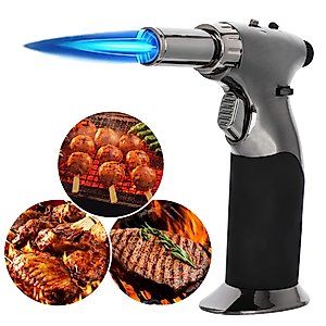 Butane Torch Lighter with Adjustable Flame, One Handed Blow Torch with Safety Lock, Refillable Cooking Torch for Creme Brulee, Grilling, Desserts, BBQ, Baking(Butane Gas Not Included) (black grey)