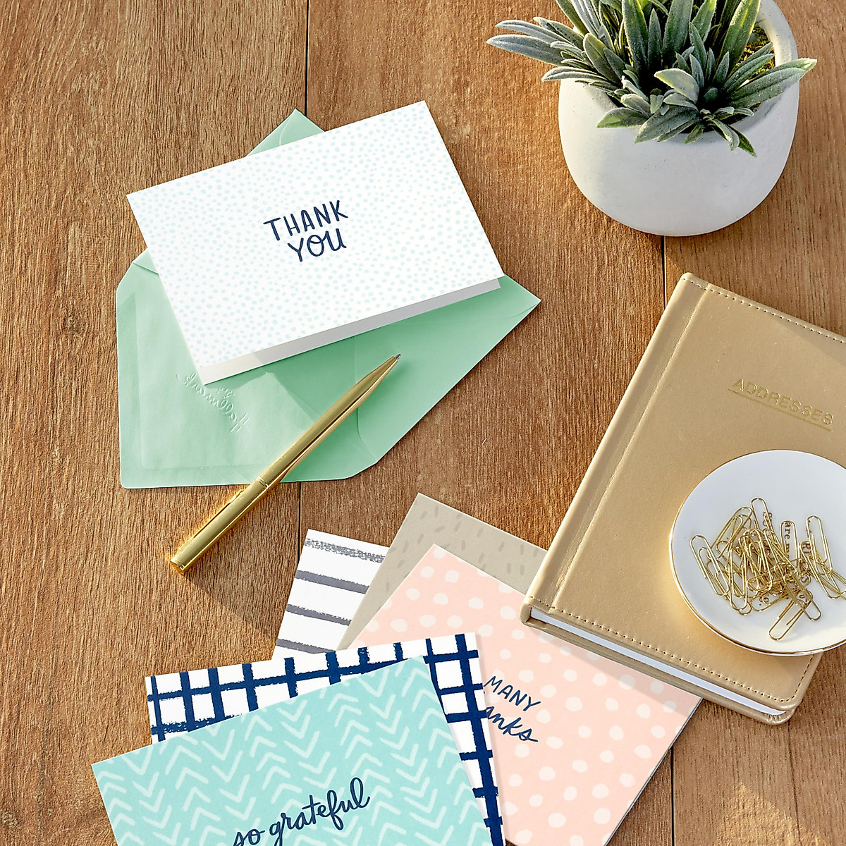 Hallmark Minimalist Thank You Note Card Assortment (48 Blank Cards with Envelopes) Mint Chevron, Blush Polka Dot, Stripes