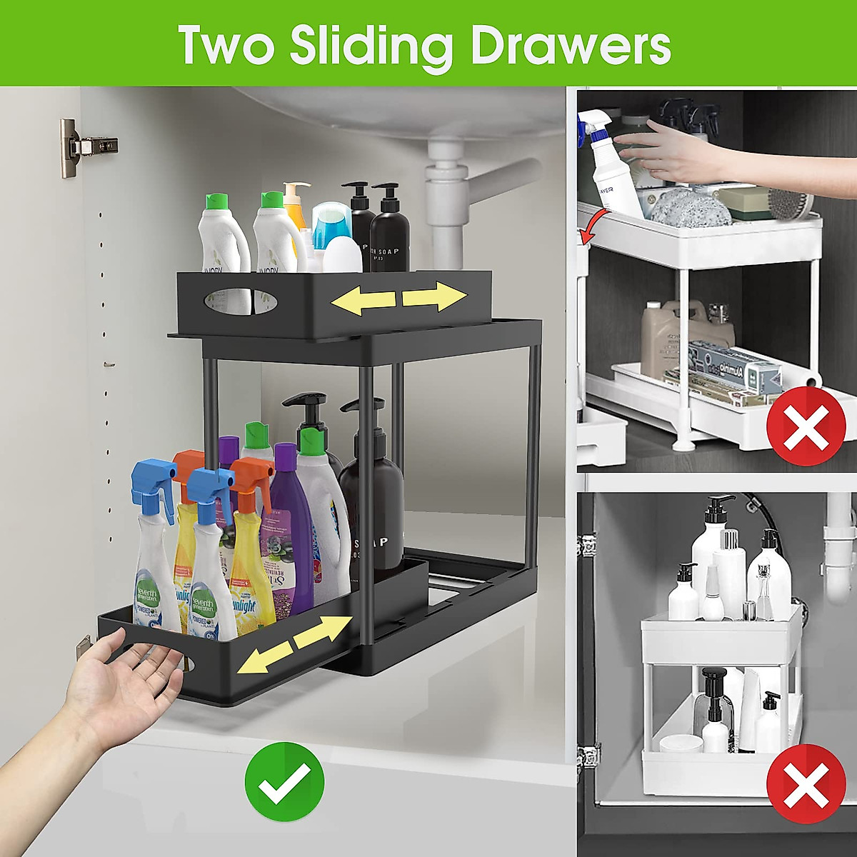 Under Sink Organizer with Dual Sliding Drawers, 2 Tier Under Kitchen Sink Organizers and Storage with 4 Hooks, Slide Out Under-Sink Storage for Bathroom Organizer, Kitchen Organization (Black)