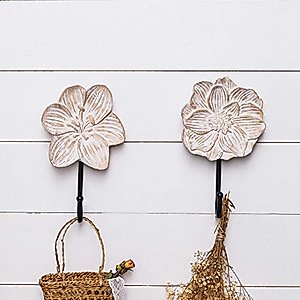 SOFFEE DESIGN Set of 2 Single Hooks 3D Flower Wood Carving Retro Style for Room Wall Decoration, Coat Hat Scarf Hanging Hanger Entry Heavy Hooks Home Decor