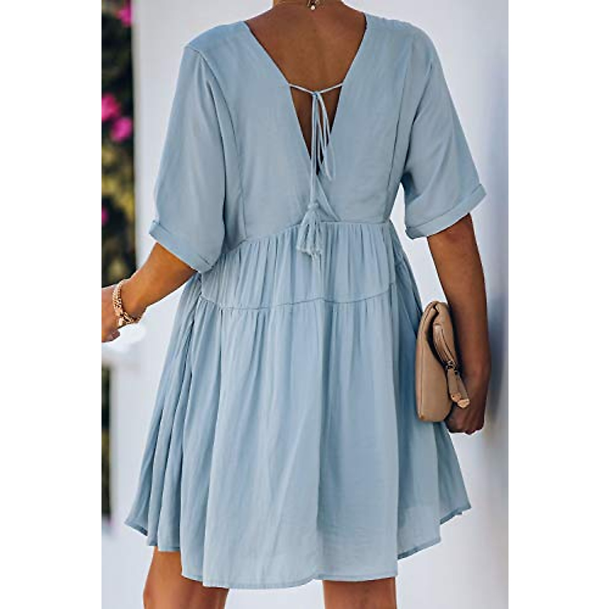 HUUSA 2020 Women's Summer Cute Babydoll Swing Flowy Tunic Dress Ladies Short Sleeve V Neck Casual Loose Solid Color Fashion Mini Shift Dresses Sky Blue Large