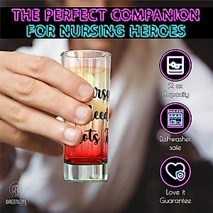 Greenline Goods Shot Glass – Nurses Gifts - Nurse’s Appreciation Shot Glass - Funny Colored Shot Glass (1 Glass) – 2 Sided - Nurses Need Shots Too - Nursing School Graduation Or Retirement Celebration