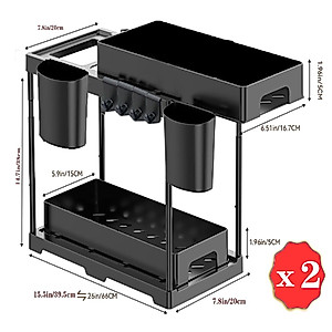 2 PackUnder sink organizer, double pull-out drawer multi-purpose under sink organizers and storage for bathroom kitchen,8 hooks 4cup