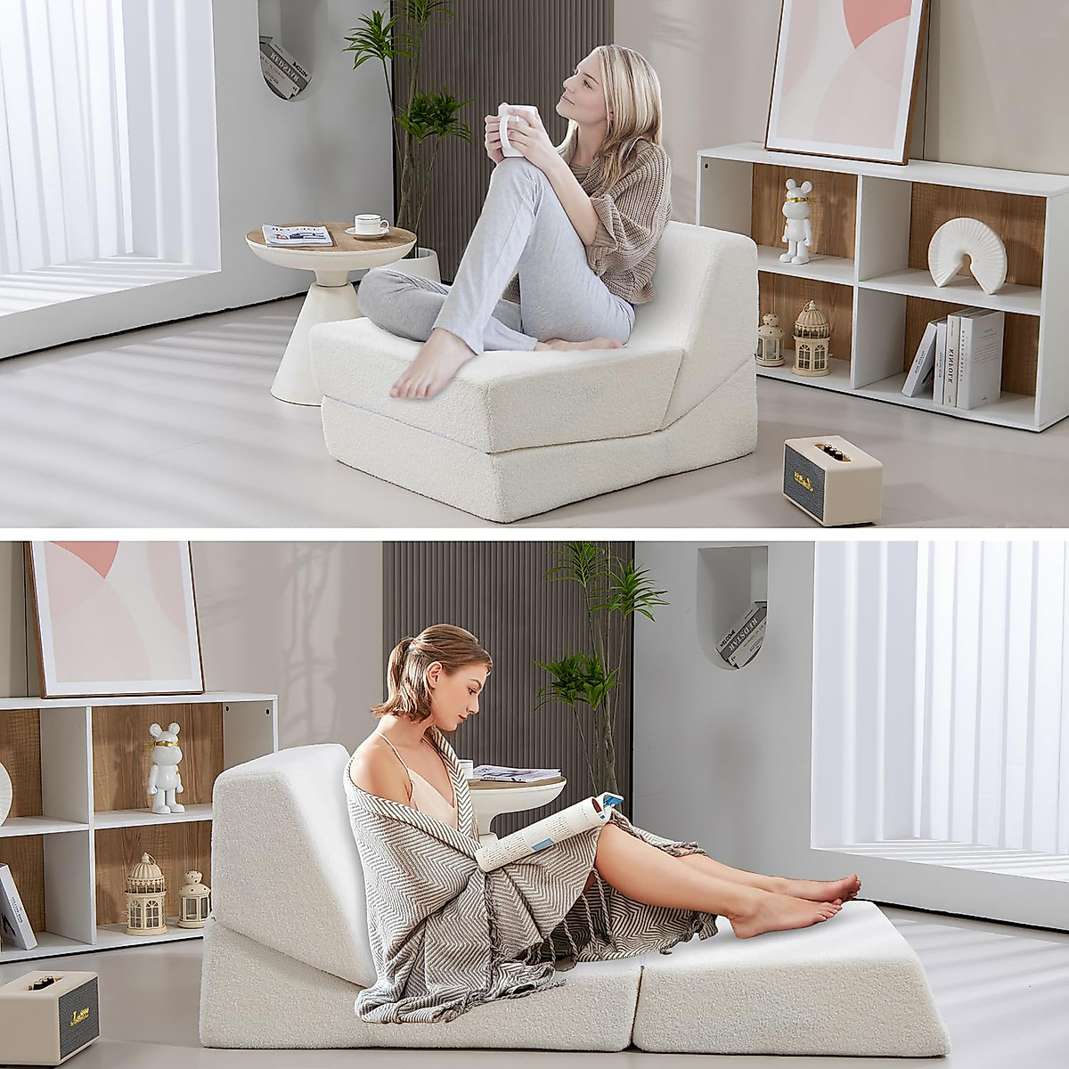 hyrfurn 3-in-1 Folding Sofa Bed with Memory Foam, Foldable Couch Bed for Living Room, Floor Couch Bed for Bedroom,White