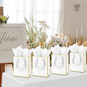 Yeaqee 50 Pack Metallic Paper Gift Bags with Handle and Tissue Paper Wedding Thank You Favor Bag for Bridal Shower Groomsmen 5 Senses Gift Bags for Her Him Birthday 9 x 7 x 3.15''(White and Gold)