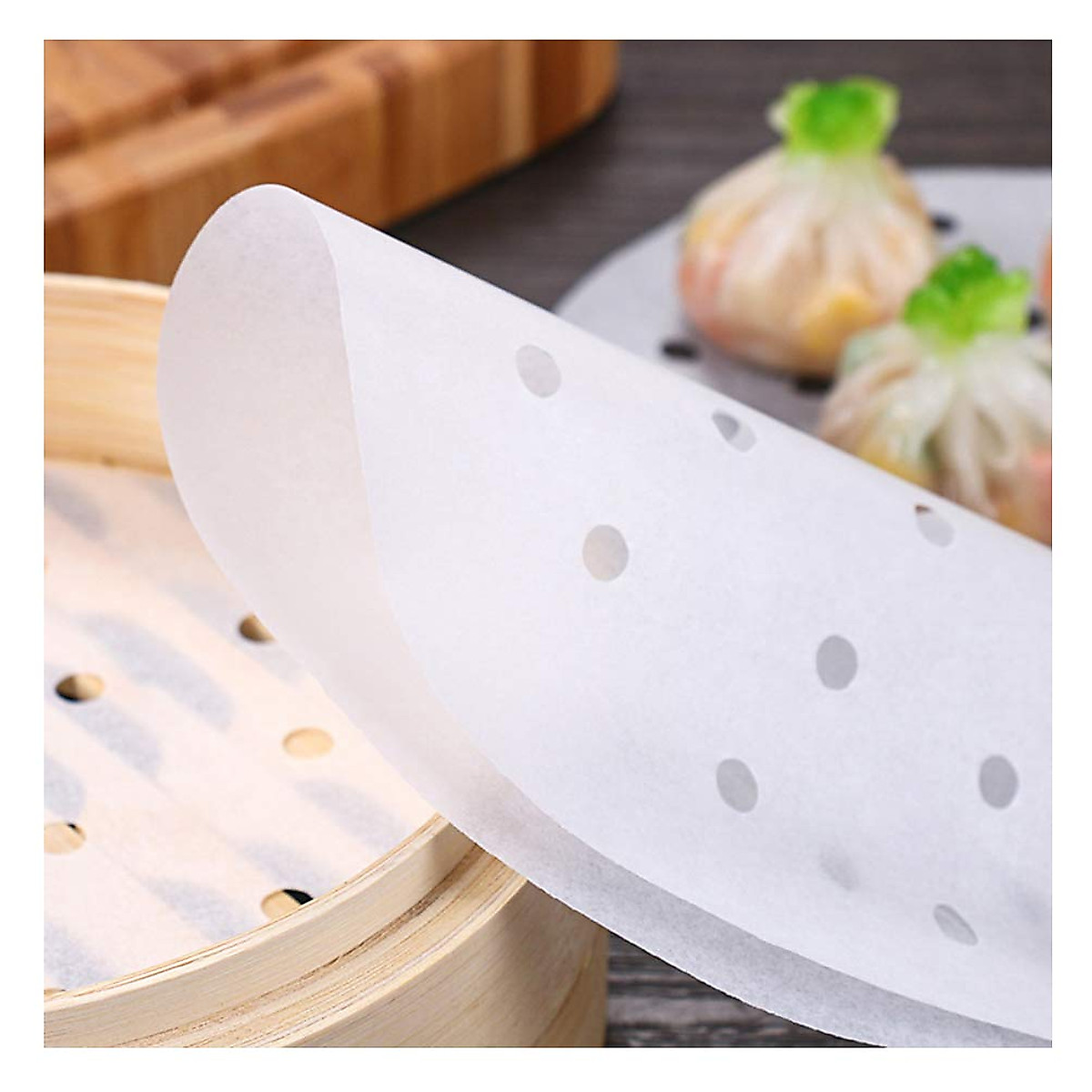 Selaurel 300pcs Air Fryer Liners 7.5 inch Round Bamboo Steamer Liners Premium Perforated Parchment Paper Sheets Non-stick Basket Mat for Air Fryers Steaming Baking Dumplings Cooking