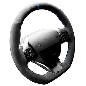Alfanxi Hand Stitch Alcantara Steering Wheel Cover Compatible with Ford Focus Fiesta Kuga Puma ST ST-Line 2017-2020 (Blue Stripe)
