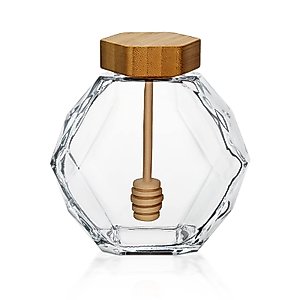 Bfttlity Honey Pot Jar Hexagon Shape Honey Pot Container 380ml Glass Honey Jar with Dipper and Lid Cover for Home Kitchen (Wooden lid)