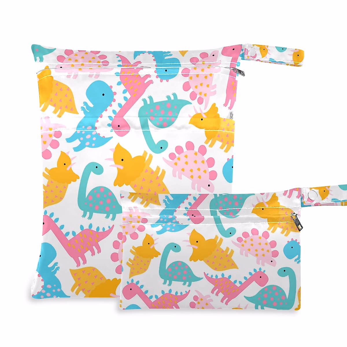 Moudou 2pcs Dinosaur Wet Dry Bag Waterproof Reusable Baby Cloth Diaper Wet Dry Organizer with Two Zippered Pockets for Travel, Beach, Pool, Stroller, Diapers, Dirty Gym Clothes, Wet Swimsuits