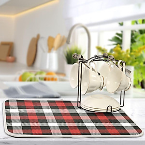 Christmas Buffalo Plaid Tartan Check Scotland Black Red Dish Drying Mat Medium Dish Draining Mat For Kitchen Counter Dry Matt For Dishes Absorbent Mat XL Drying Mat For Dishes 18 x 24 Inches