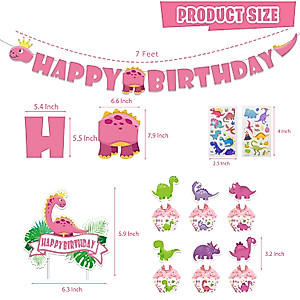 Mpanwen Girl Dinosaur Birthday Party Supplies, Pink Dinosaur Dino Party Decorations for Girls Baby - Backdrop, Banner, Cake, Cupcake Toppers, Cupcakes Wrappers, Balloons and Tablecloth