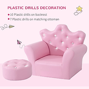 Qaba Kids Sofa Set, Children's Upholstered Sofa with Footstool, Princess Sofa with Diamond Decorations, Baby Sofa Chair for Toddlers, Girls, Pink